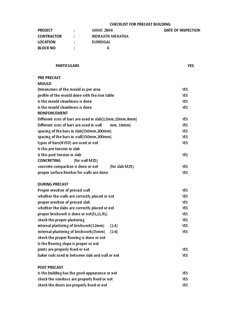 Checklist For Precast Constuction | PDF | Wall | Precast Concrete