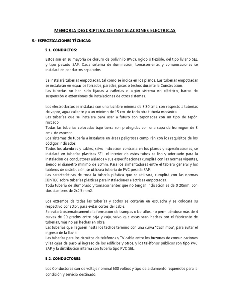 Instalaciones Eléctricas: Especificaciones Técnicas | PDF | Enchufes y tomas de corriente ...