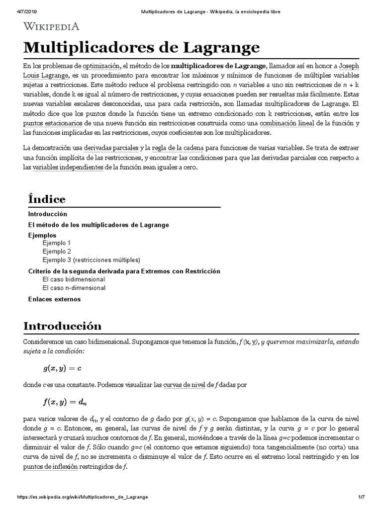Multiplicadores de Lagrange - Wikipedia, La Enciclopedia Libre | PDF | Conceptos matemáticos ...