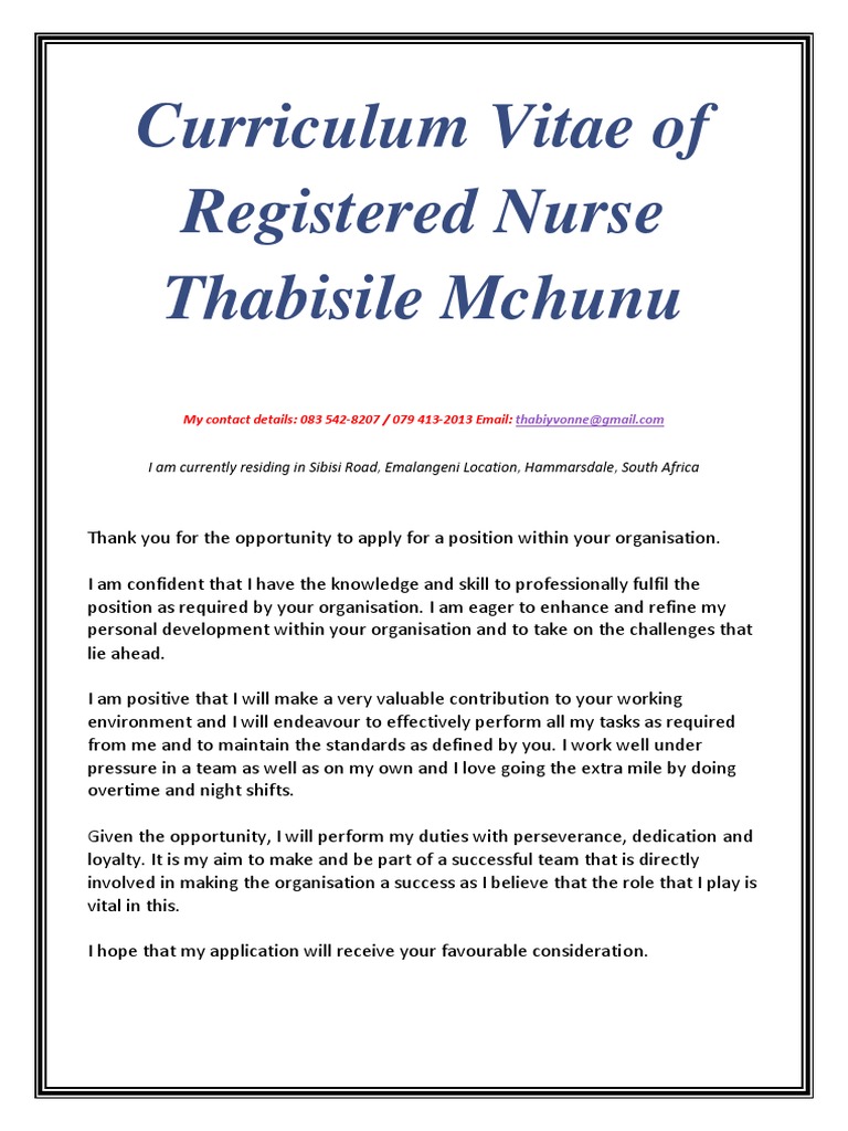 Nurse Thabisile Mchunu's CV | PDF | Nursing | Health Sciences