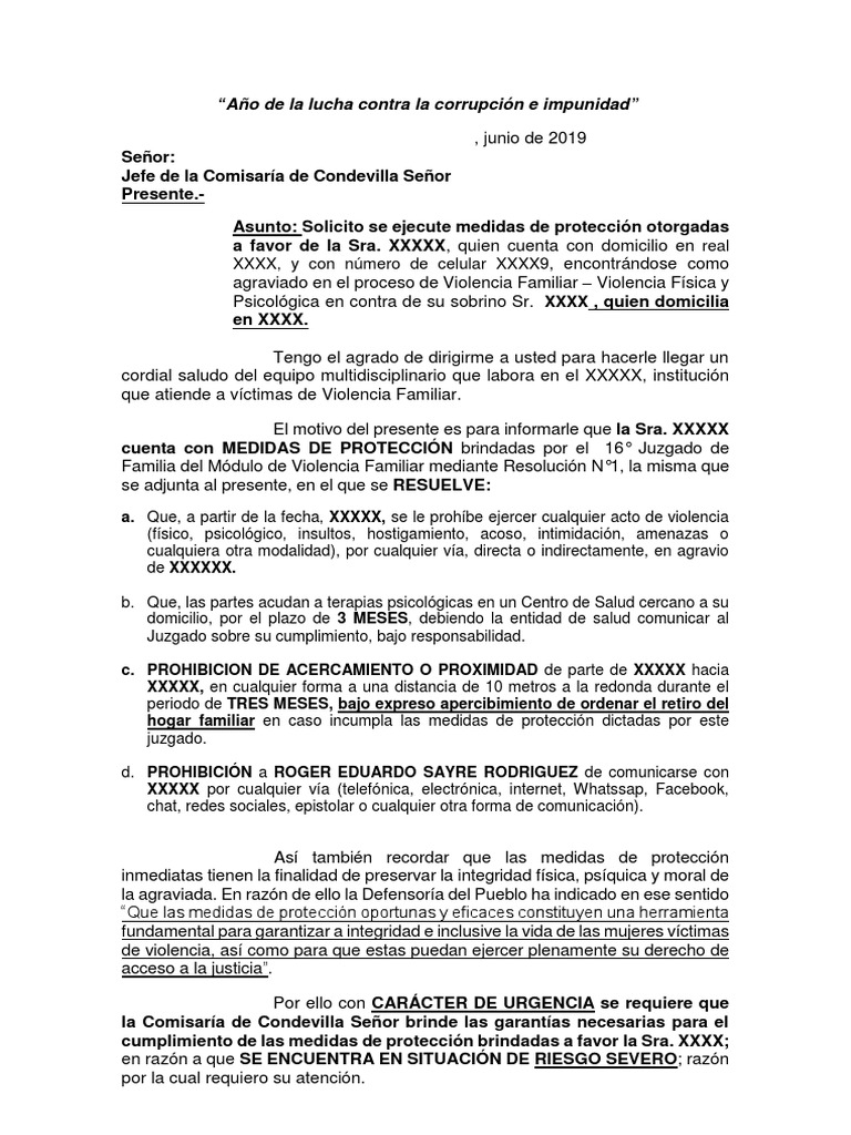 Modelo Solicitud Ejecucion De Medidas De Proteccion Violencia
