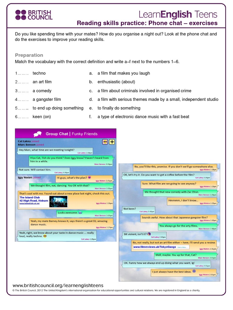 Reading Skills Practice: Phone Chat - Exercises: Preparation | PDF