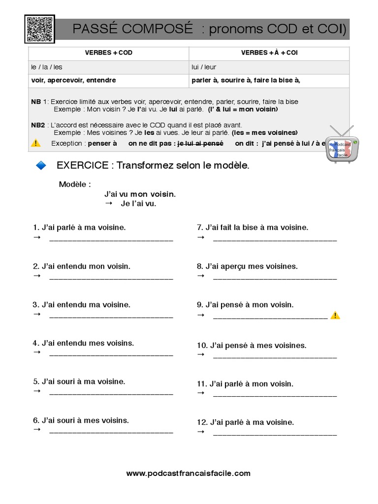 Pronoms Cod Coi Passe Compose PDF | PDF