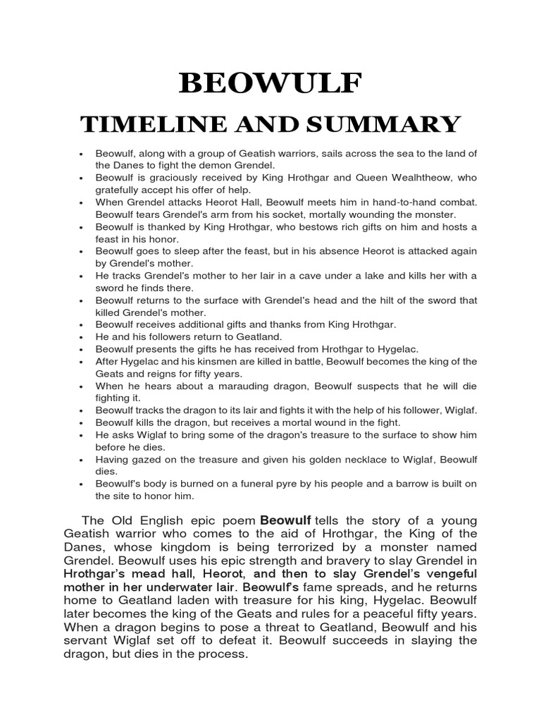 BEOWULF Summary and Timeline | PDF | Beowulf | English Heroic Legends
