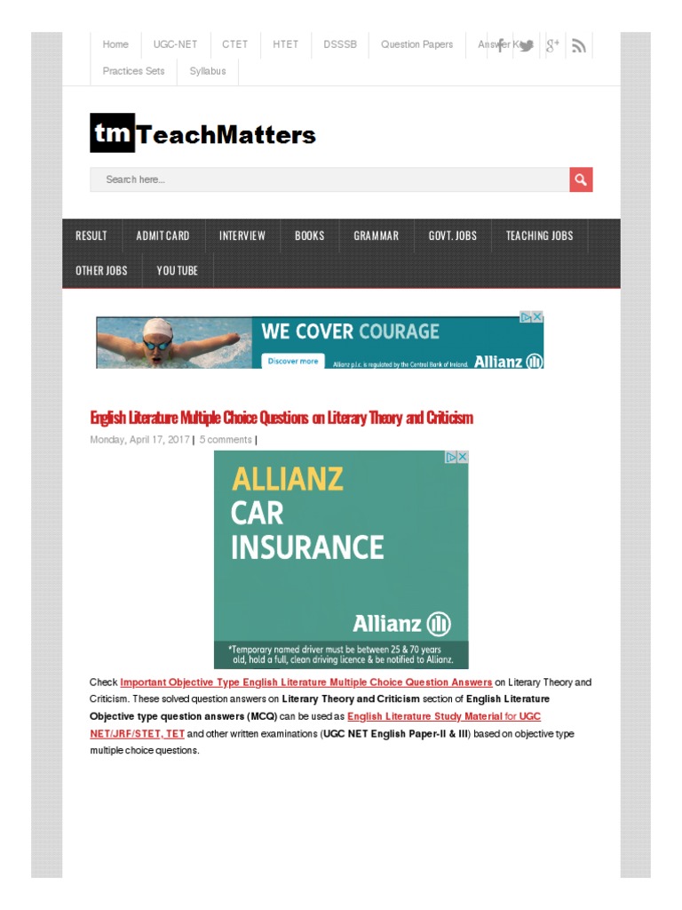 Literature Multiple Choice Question Answers Literary Theory Criticism ...