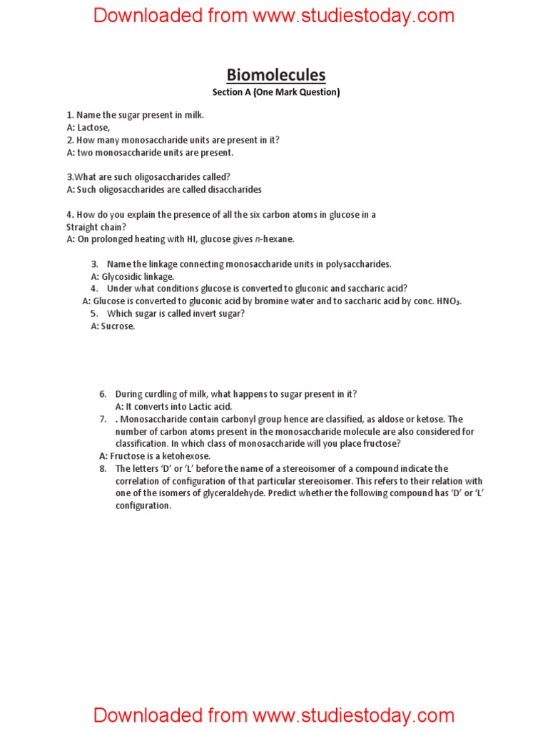 CBSE Class 12 Chemistry Biomolecules Questions Answers PDF | PDF ...