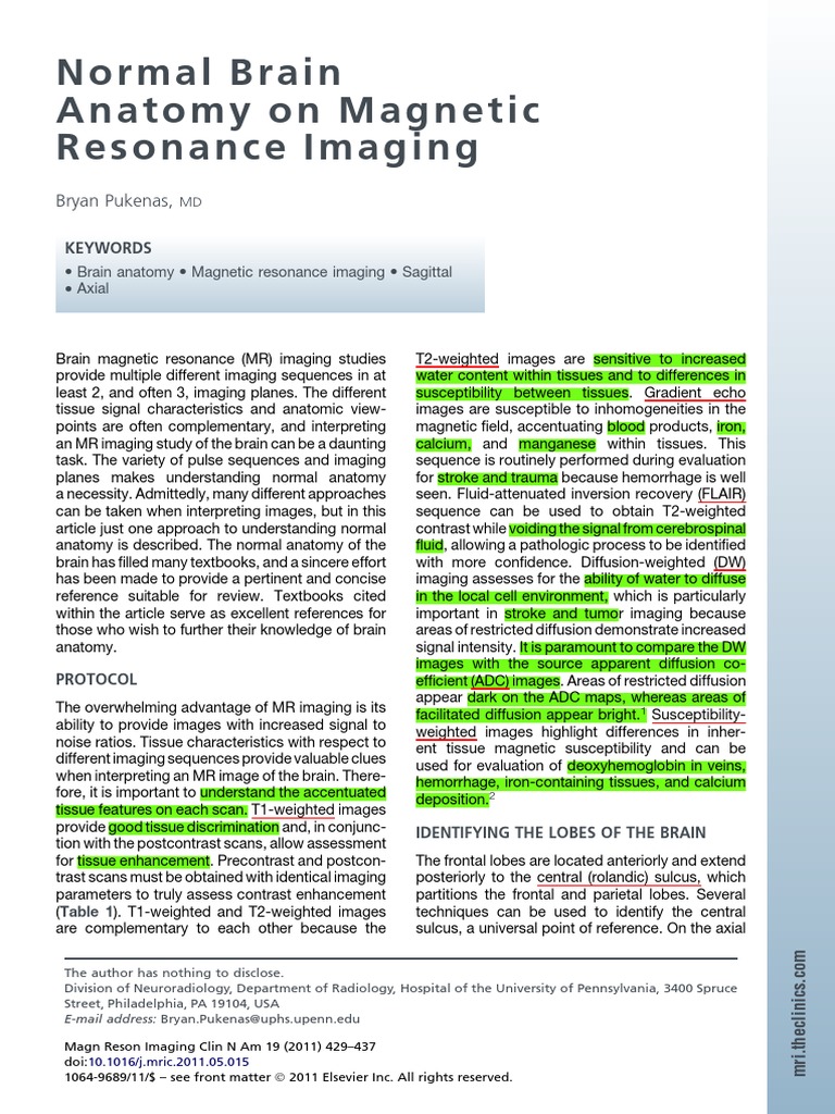 Normal Brain Anatomy On Magnetic Resonance Imaging | PDF | Frontal Lobe ...