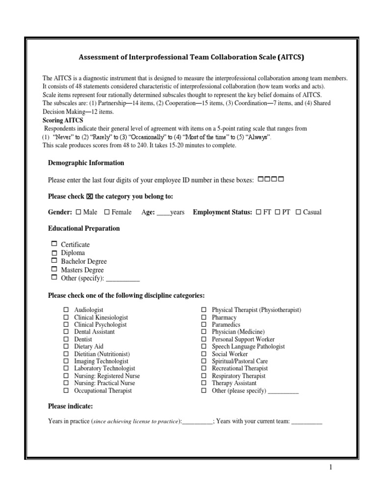 Assessment of Interprofessional Team Collaboration Scale (AITCS) | PDF | Health Care | Physical ...