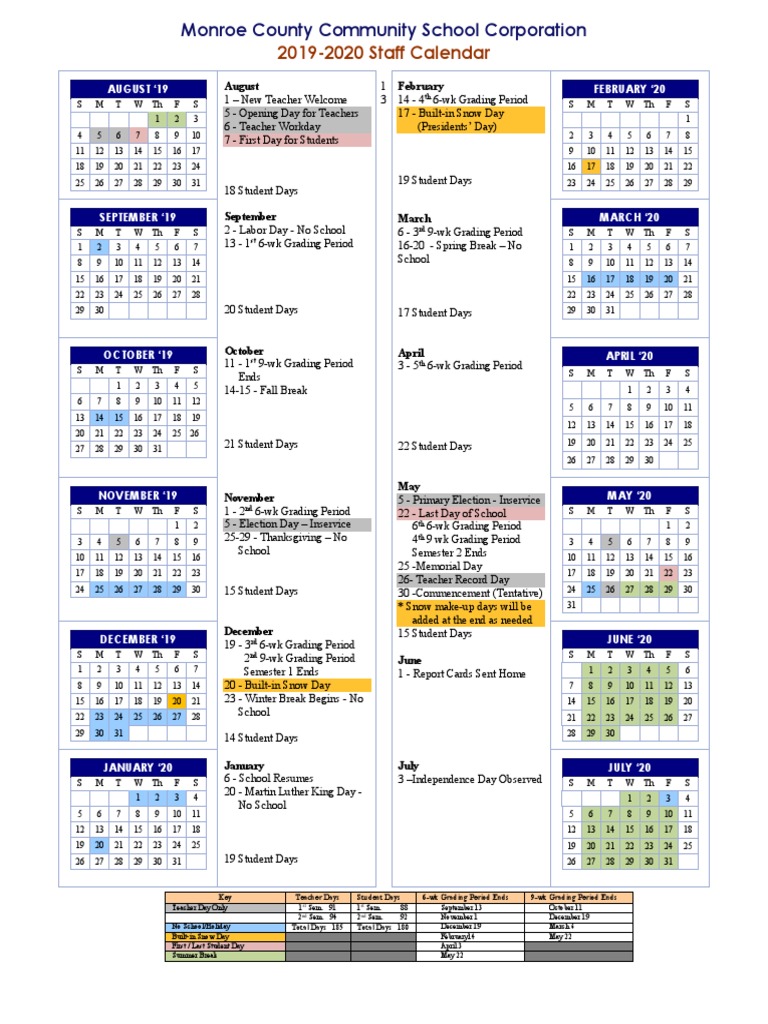 MCCSC 2019-2020 Staff Calendar | PDF | Academic Term | Educational ...