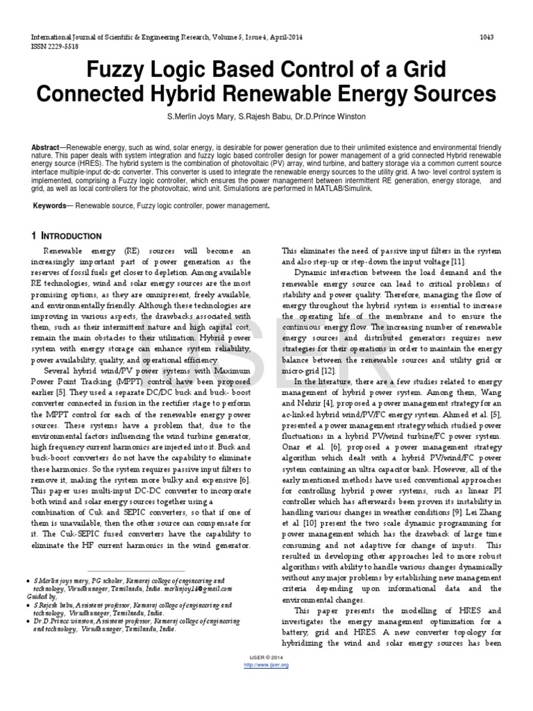 Ijser: Fuzzy Logic Based Control of A Grid Connected Hybrid Renewable Energy Sources | PDF ...