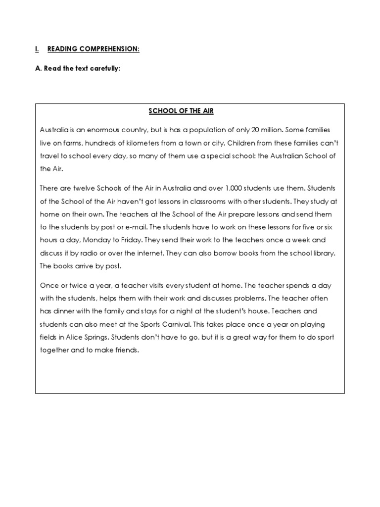 I. Reading Comprehension: A. Read The Text Carefully | PDF