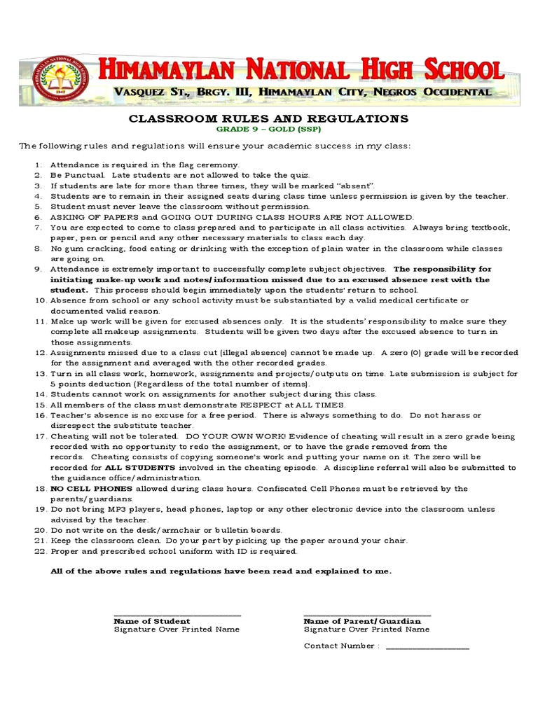 Grade 9 Classroom Rules and Regulations | PDF | Homework | Behavior ...