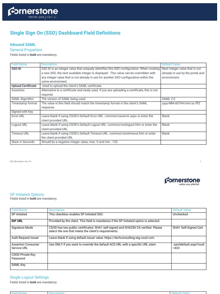 Configuring Single Sign-On (SSO): A Guide to Dashboard Field Definitions | PDF | Parameter ...