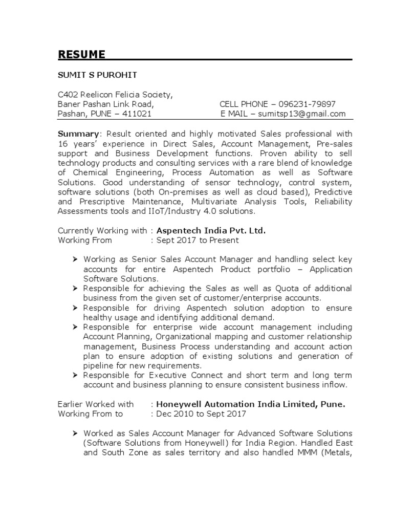 Sumit Purohit Resume2 PDF | PDF | Automation | Sales