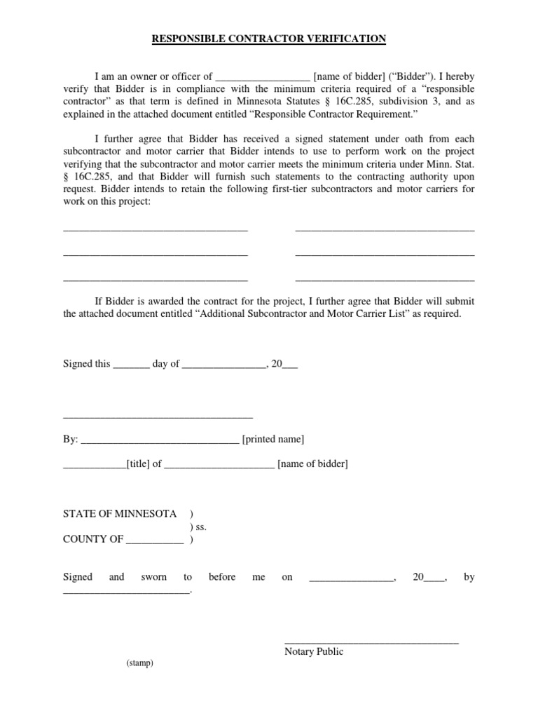 Responsible Contractor Verification: (Stamp) | PDF | Notary Public ...