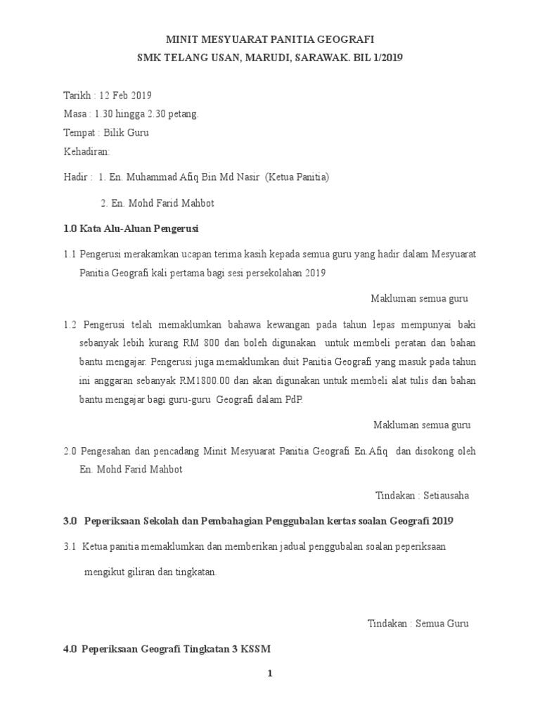 Minit Mesyuarat Panitia Geografi 1 | PDF
