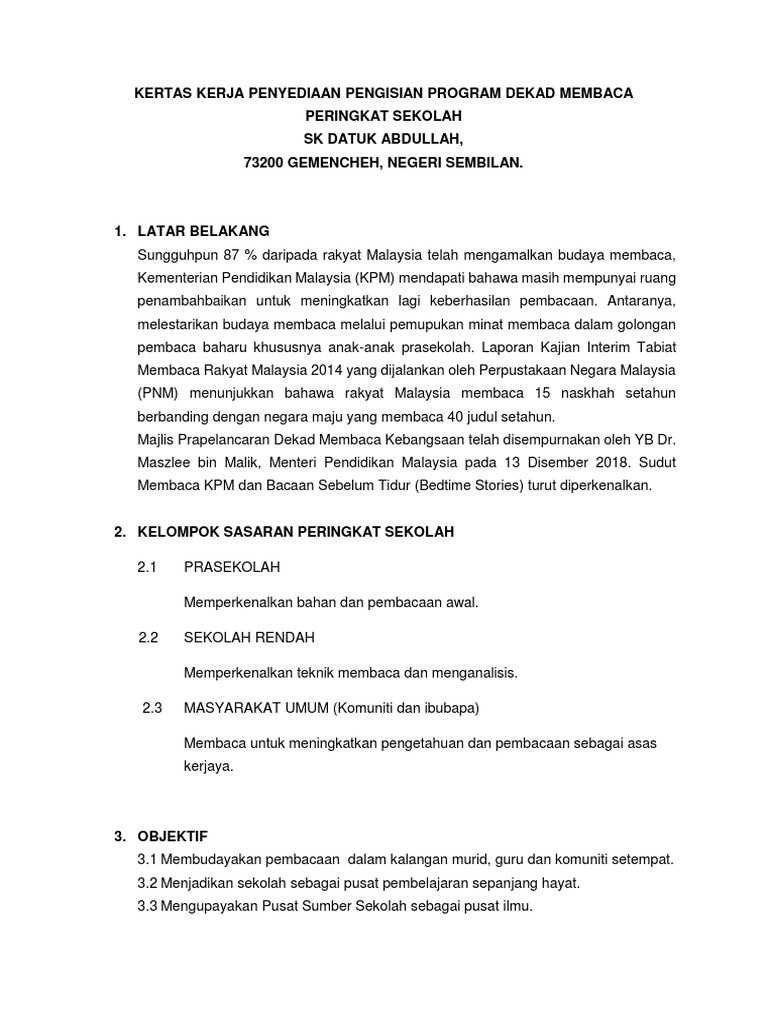 Kertas Kerja Dekad Membaca | PDF