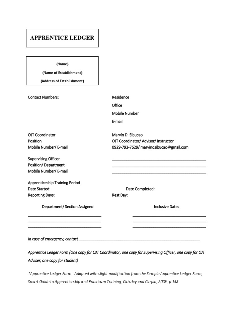 Apprentice Ledger: (Name) (Name of Establishment) (Address of ...