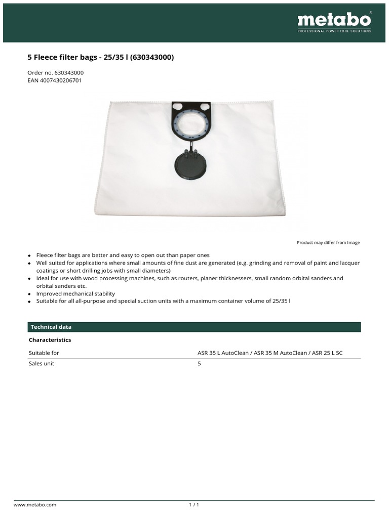 5 Fleece Filter Bags - 25 35 L 630343000 English | PDF