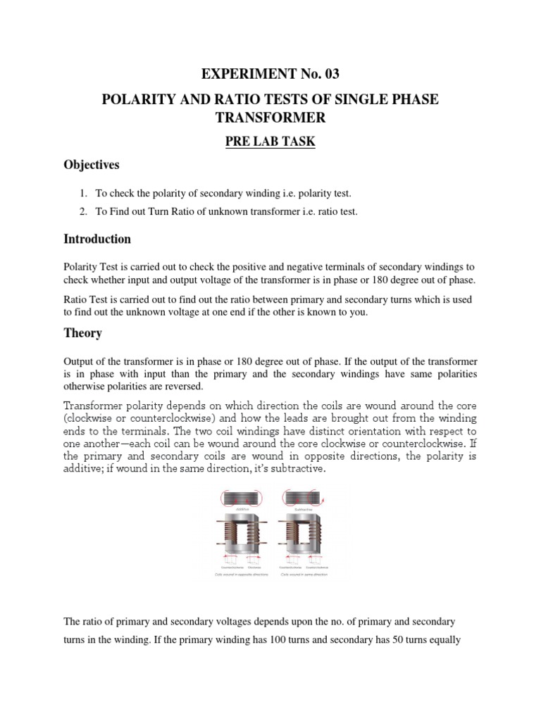 Experiment No. 03 Polarity and Ratio Tests of Single Phase Transformer ...