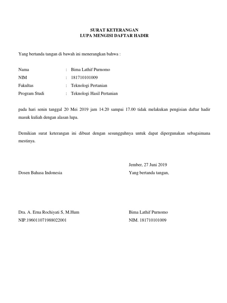 Surat Keterangan Lupa Absen | PDF