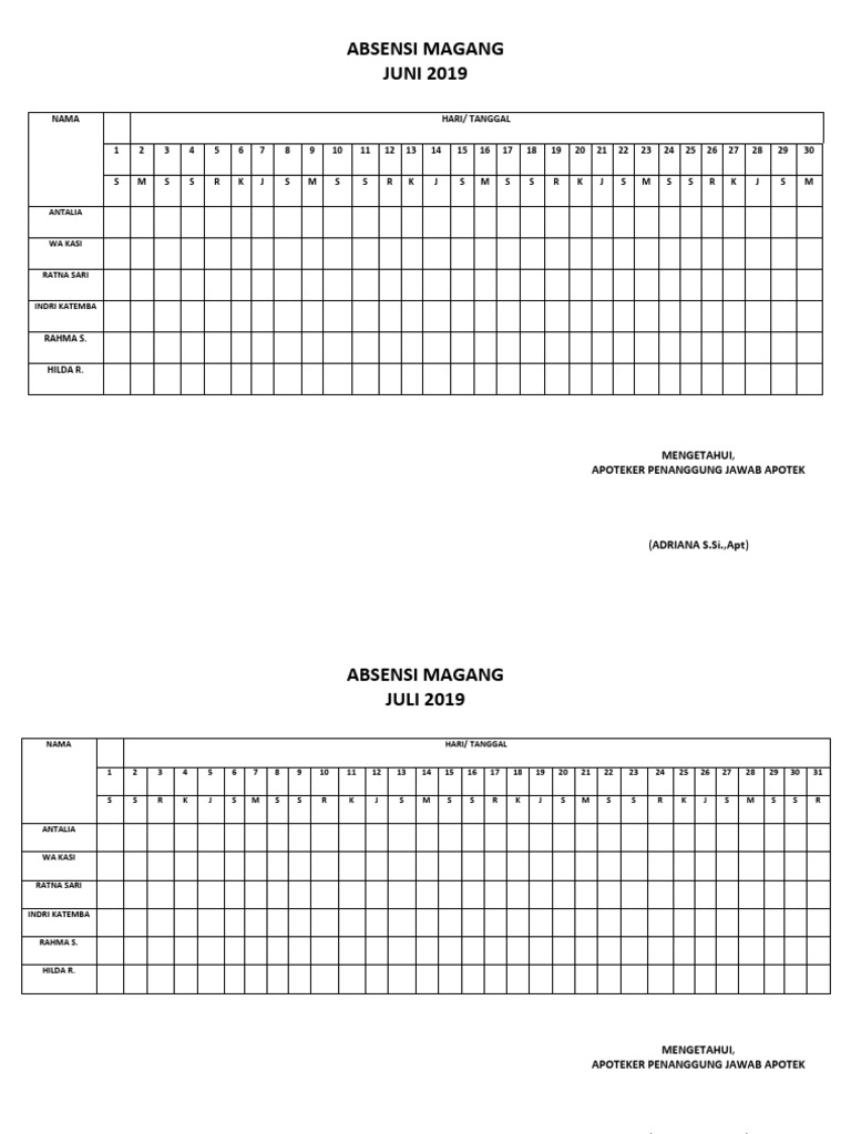 Absensi Magang JUNI 2019: Nama Hari/ Tanggal | PDF