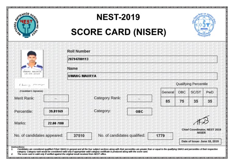 Score Card (Niser) : NEST-2019 | PDF | Leisure