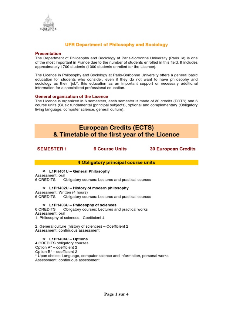 European Credits (ECTS) & Timetable of The First Year of The Licence ...