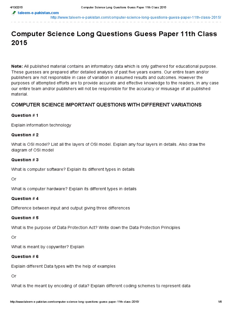 Computer Science Long Questions Guess Paper 11th Class 2015 | Download Free PDF | Random Access ...