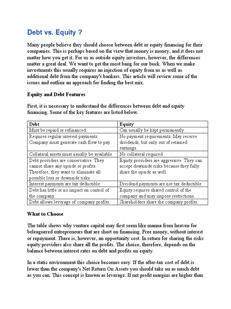 Debt vs. Equity Financing Explained | PDF | Equity (Finance) | Debt