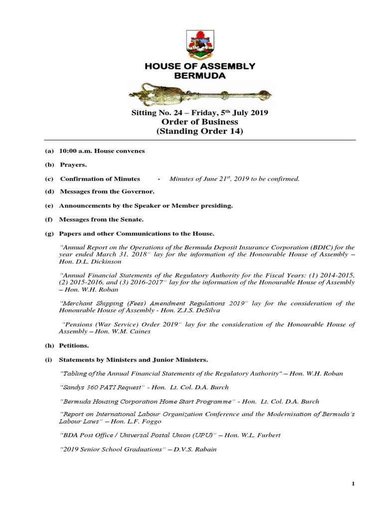 Bermuda House of Assembly Agenda July 2019 | PDF | The Honourable ...