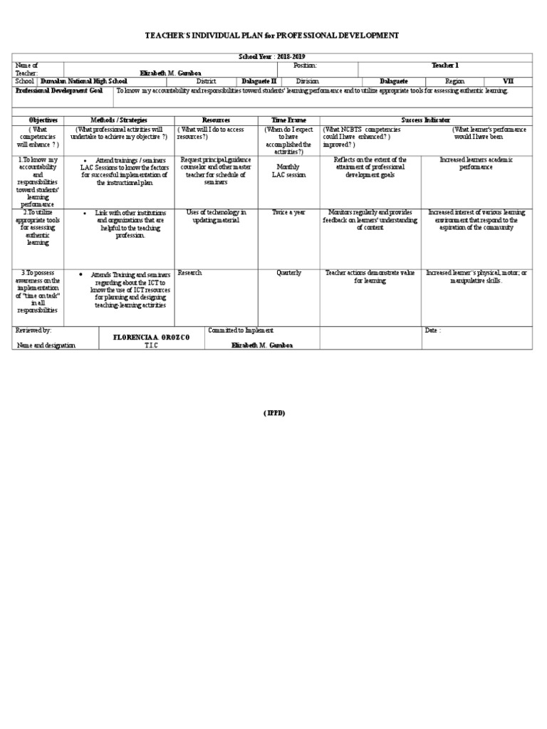 Teacher S Individual Plan For Professional Development | PDF ...