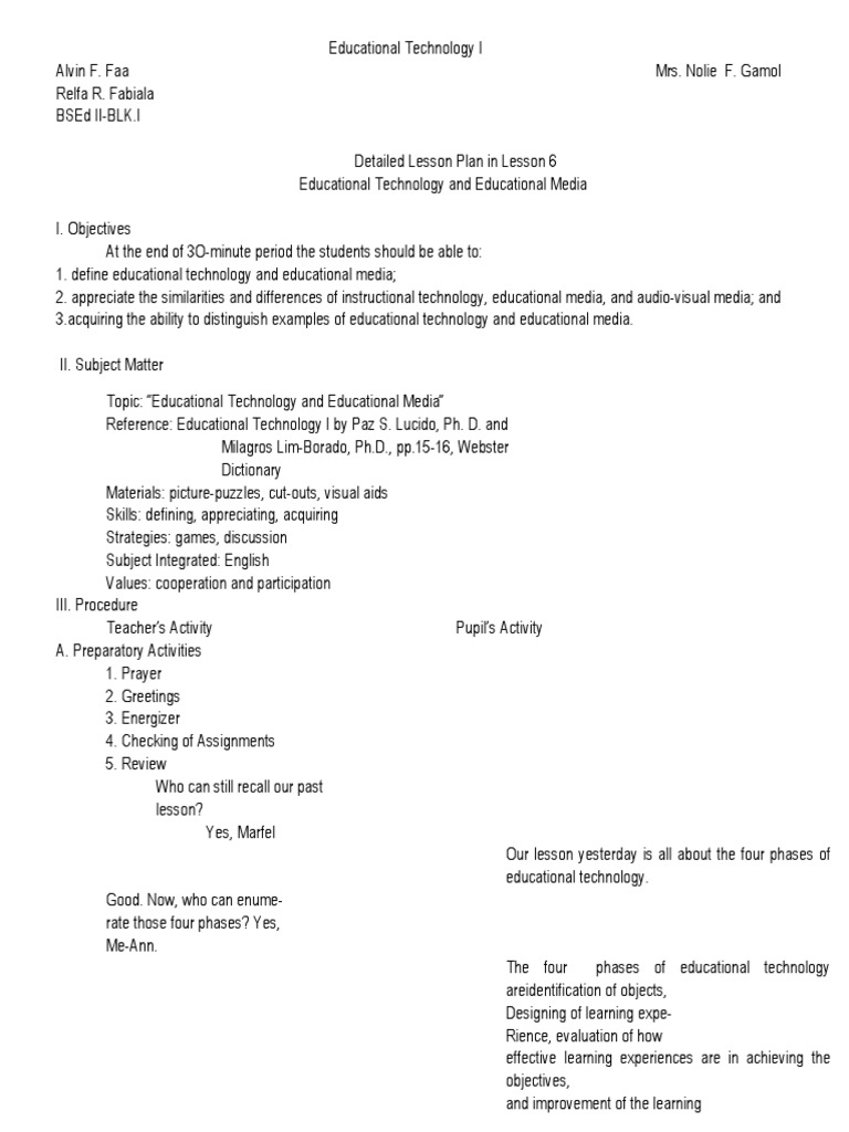 Lesson Plan in Educ. Tech. 1 | PDF | Educational Technology | Lesson Plan