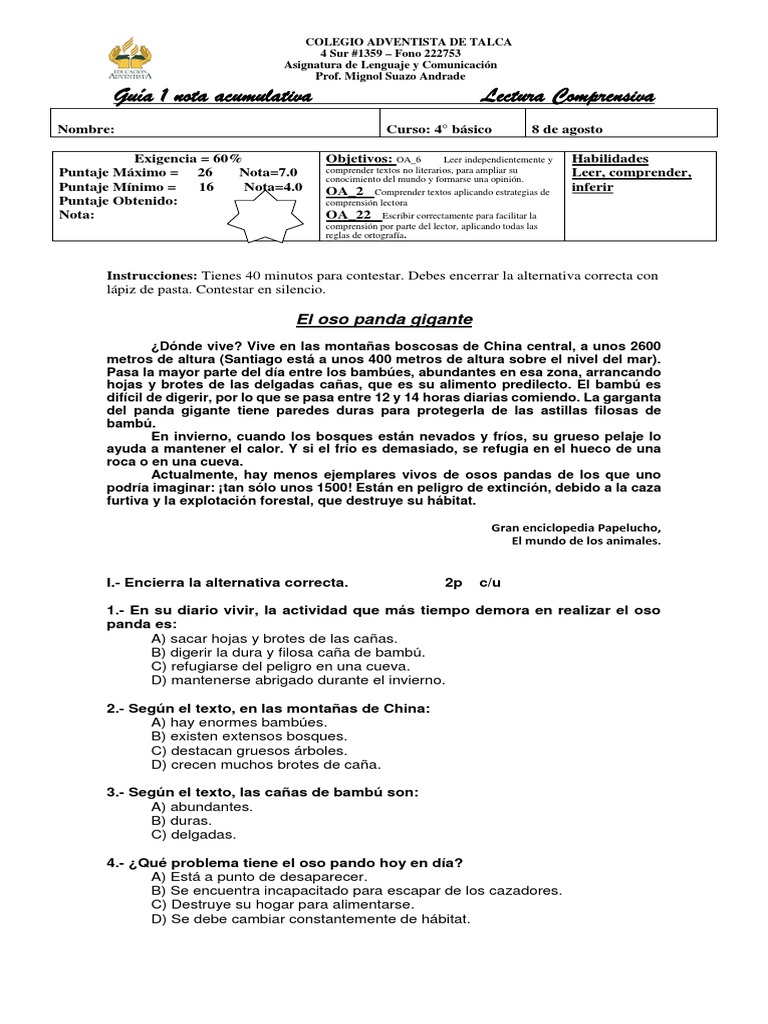 Guía 1 Nota Acumolativa Lectura Comprensiva 4to Agosto | PDF | Panda ...