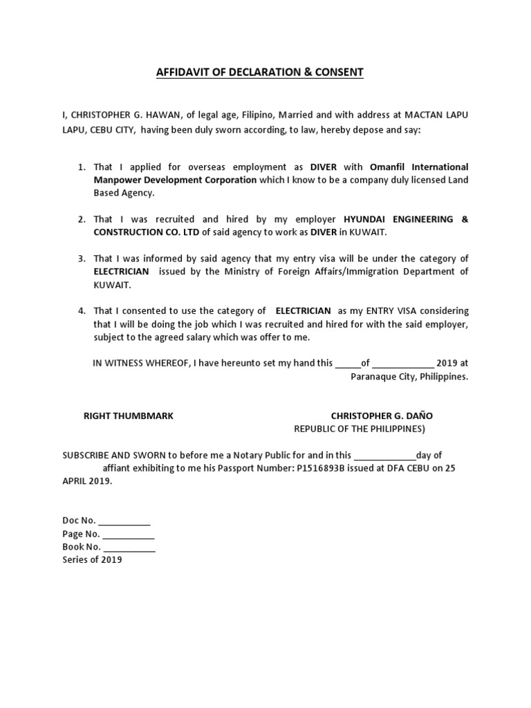 Visa Affidavit - Christopher Dano | PDF