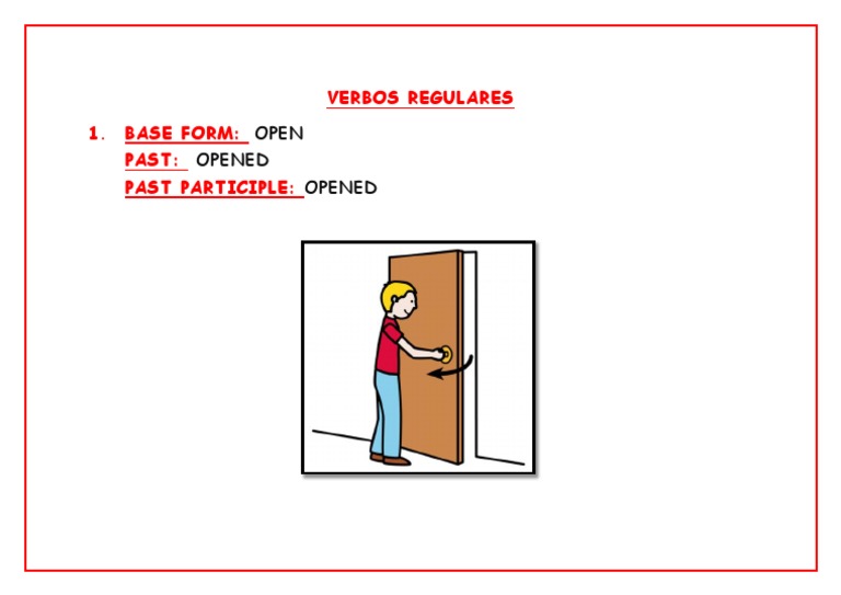 Verbos Regulares 1. Base Form: Past: Past Participle:: Open Opened ...