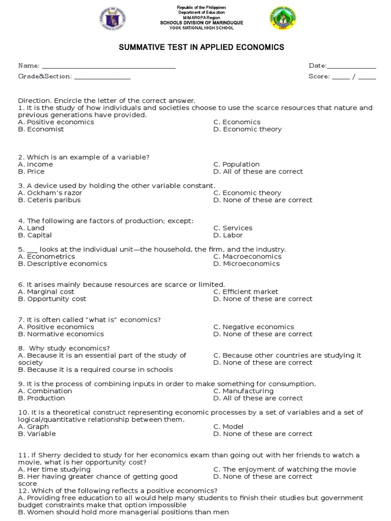 Grade 12 Applied Economics Test | PDF | Supply And Demand | Demand Curve