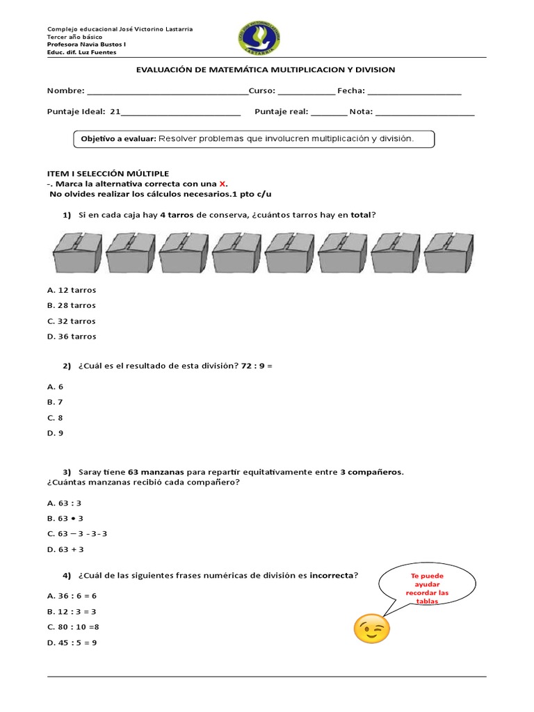 Evaluación de Multiplicación y División | PDF | Enseñanza de matemática