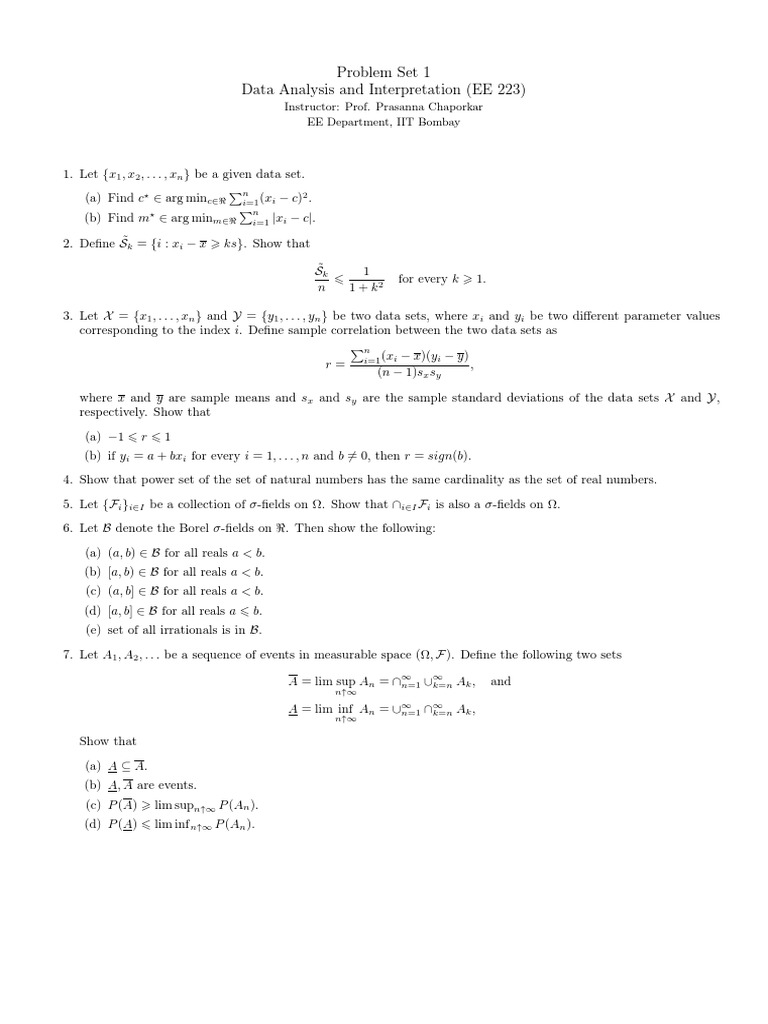 Problem Set 1 Data Analysis and Interpretation (EE 223) : Instructor: Prof. Prasanna Chaporkar ...