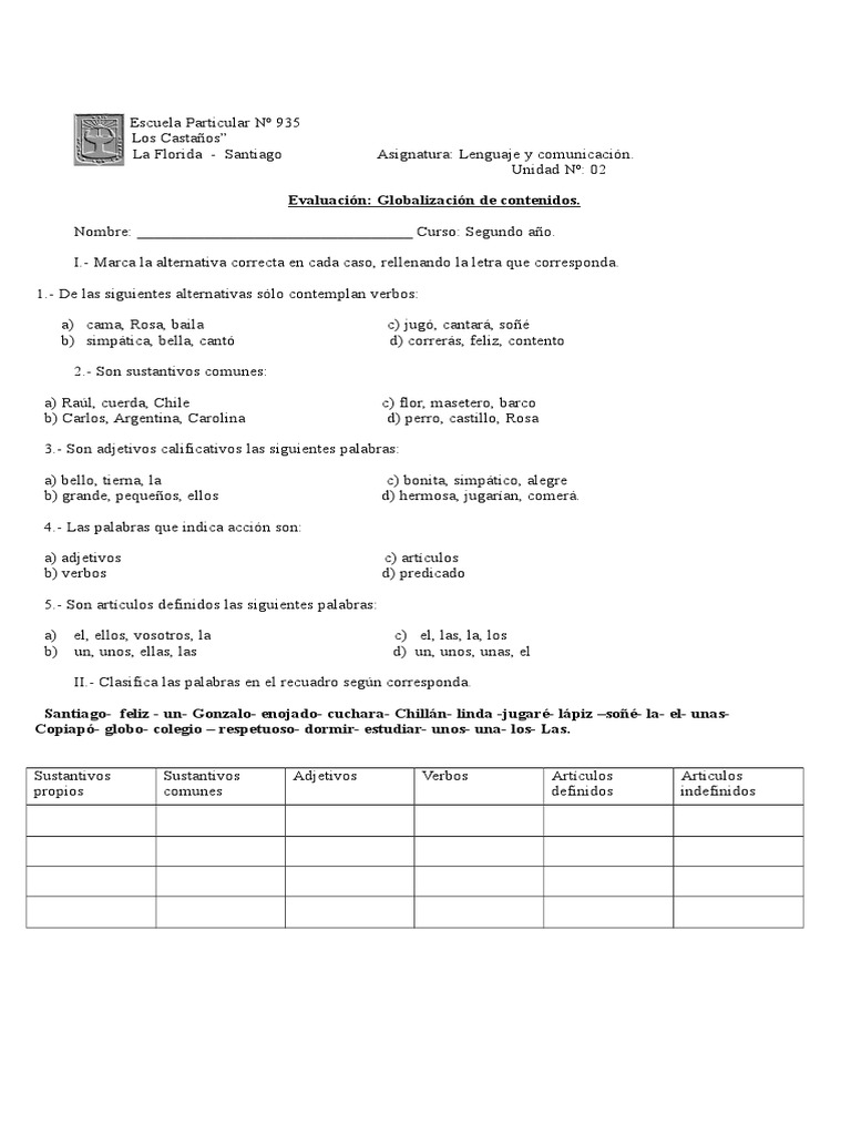 PRUEBA de LENGUAJE Adjetivos Sustantivos Articulos Verbos | PDF | Adjetivo | Unidades Semánticas