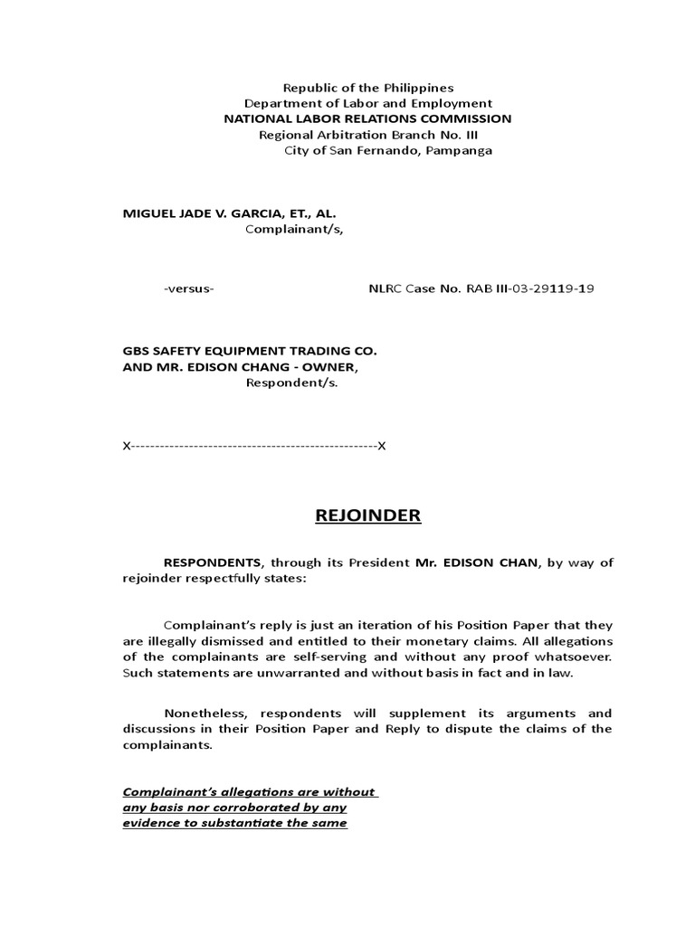 Rejoinder: National Labor Relations Commission | PDF | Burden Of Proof ...