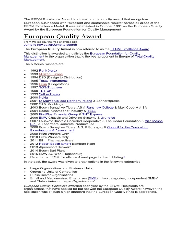 European Quality Award: From Wikipedia, The Free Encyclopedia | PDF ...