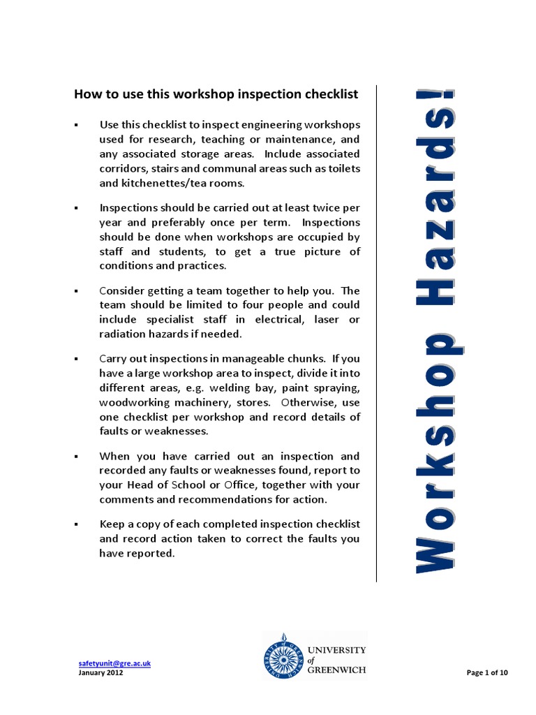 Workshop Safety Inspection Checklist | PDF | Personal Protective ...