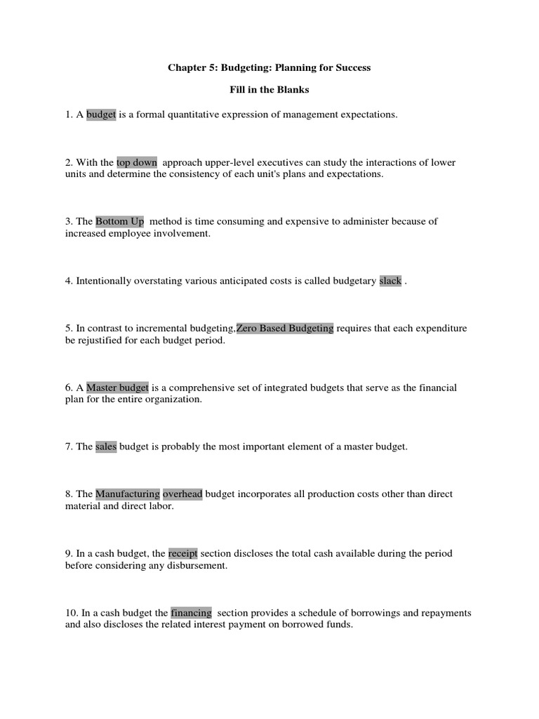 Chapter 5: Budgeting: Planning For Success Fill in The Blanks | PDF