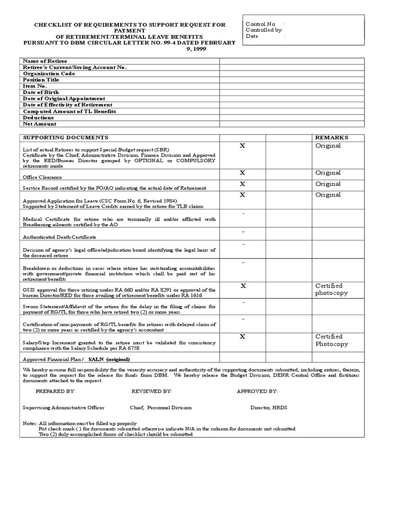 Terminal Leave Benefits Requirements Checklist | PDF | Retirement ...