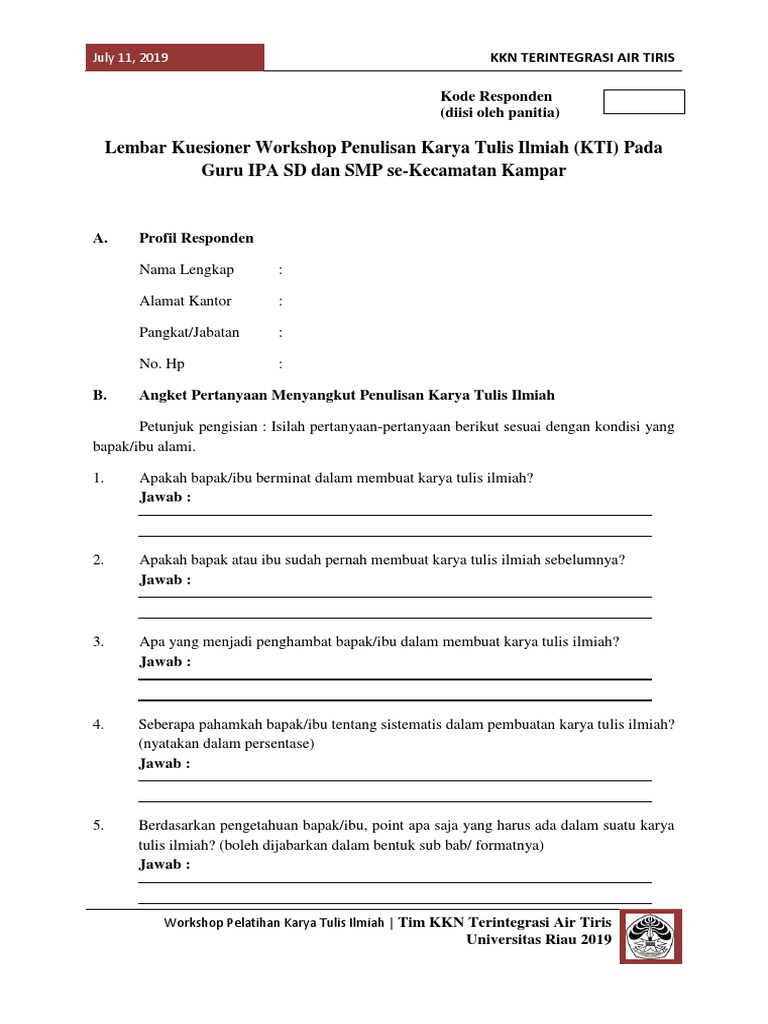 Kuesioner Workshop Pelatihan KTI Oleh ULVA SEPRIZAL | PDF