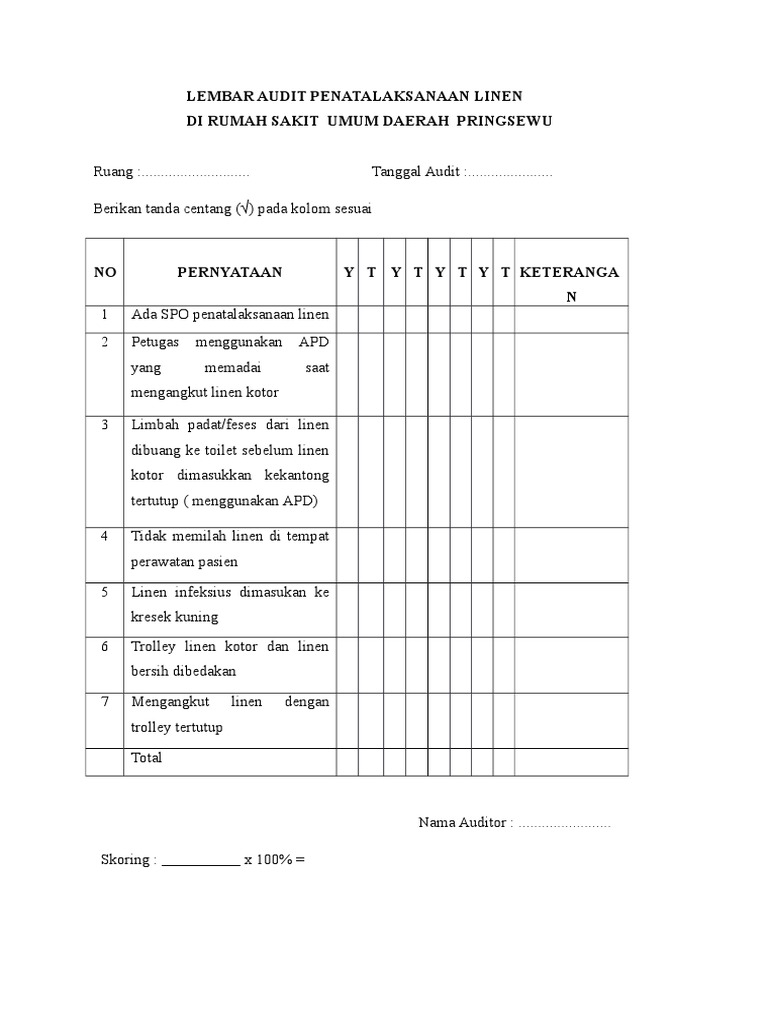 Lembar Audit Penatalaksanaan Linen | PDF