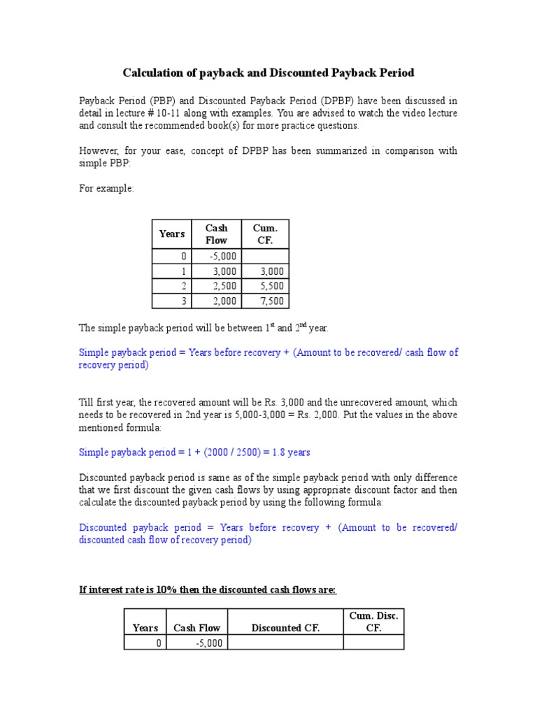 Calculation of Payback and Discounted Payback Period | PDF ...