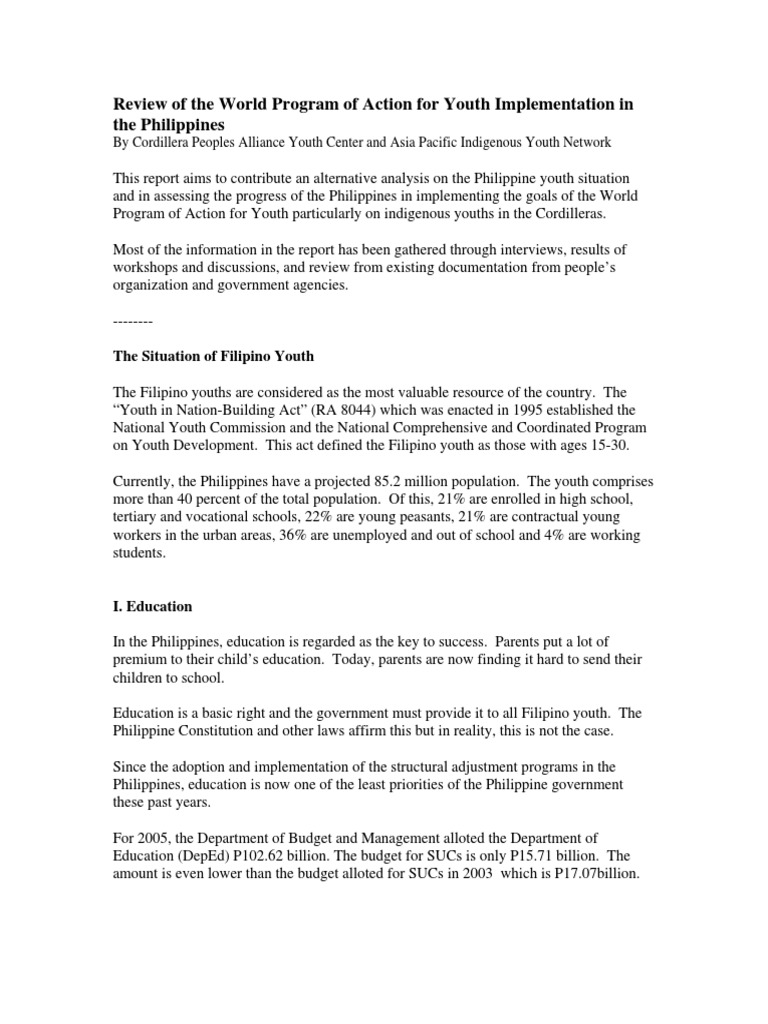 Review of The World Program of Action For Youth Implementation in The ...