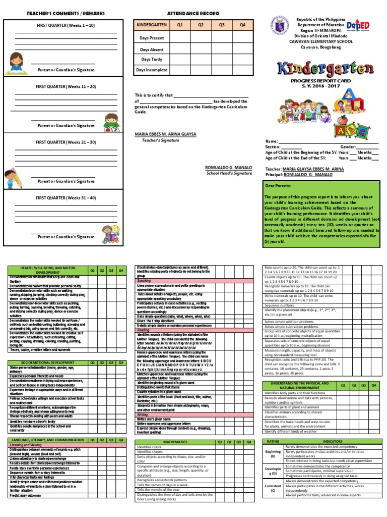 Teacher'S Comments / Remarks Attendance Record: School Head's Signature ...